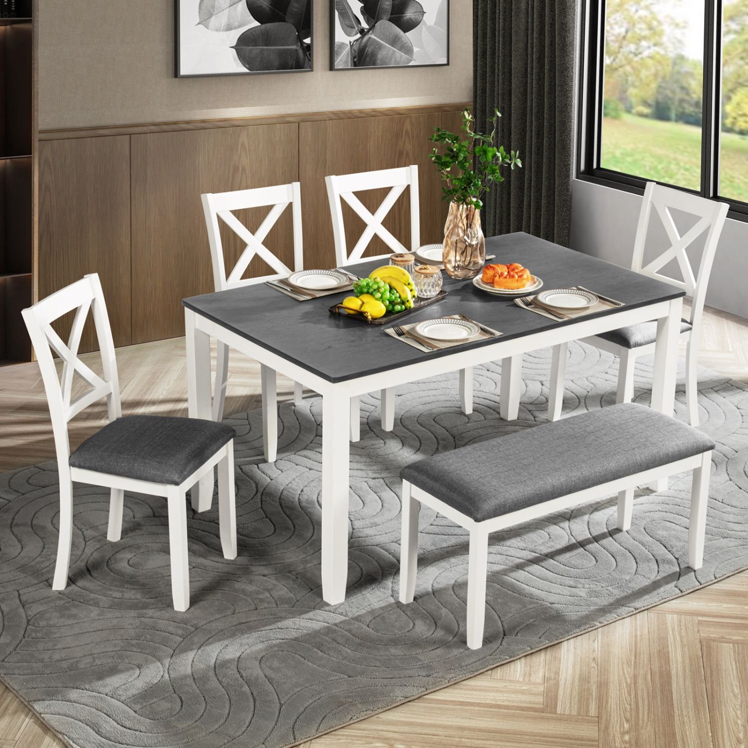 6-Piece Dining Table Set with Bench, Wood Dining Table Set for 6 ...